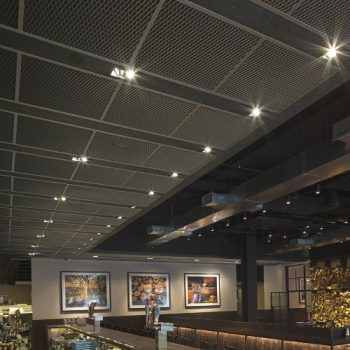 SQUARELINE metal ceiling tiles have a high-tech, modern look, affordably.